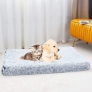 CHBC Square Long Plush Warm Dog Bed with Zipper Cat Mats Fulffy Pet Kennel Pad Warm Sleeping for Pet Washable Dogs Cats Sofa Bed (S, Grey-White)