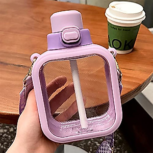 Kawaii Water Bottle for Girls Cute Water Bottles with Straw, Portable Leak Proof Square Kawaii Water Bottle with Stickers and Adjustable Strap - for Outdoor Sports Travel, BPA-Free, 24oz (Purple)