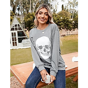 Blooming Jelly Women's Halloween Sweatshirts Skull Graphic T Shirts Long Sleeve Pullover Gothic Fall Trendy Outfits 2024 (Large, Grey)