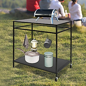 Mobile Double-Shelf Outdoor Grill Cart, Portable Dining Cart Table with Hooks and Handles, Steel Pipe Dining Table for Pizza Oven, Portable Grill Table with Storage Space, Black