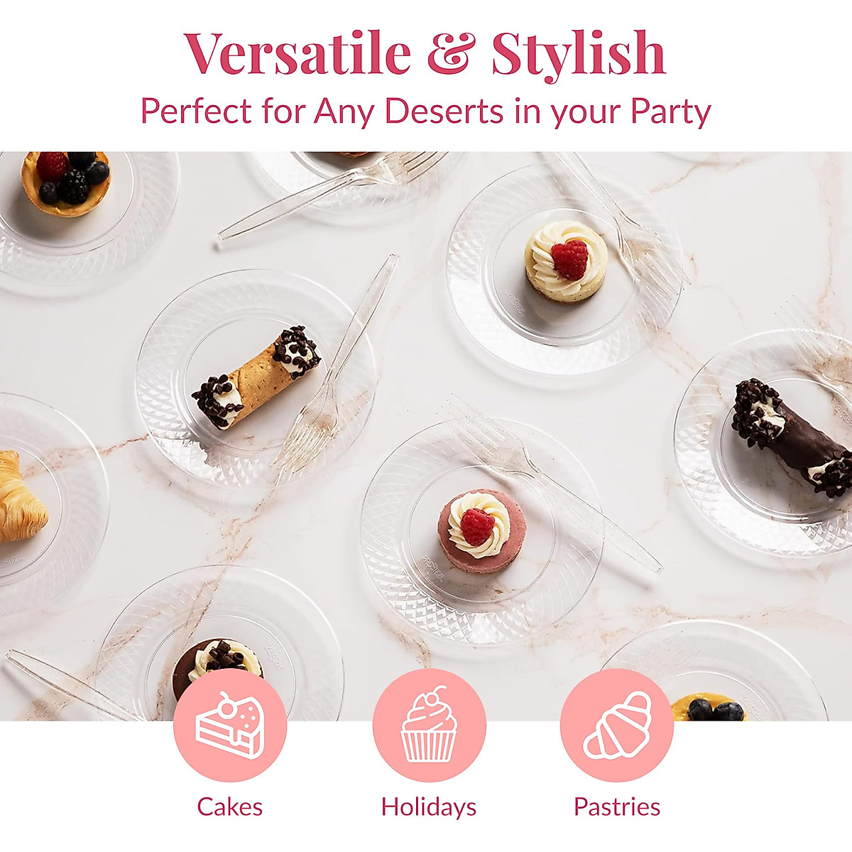 Prestee 100 Clear Plastic Plates, 6.25 Inch Disposable Dessert and Appetizer Plate for Party, Wedding, Catering - Small, Round, Heavy-Duty Platter for Cake and Foods