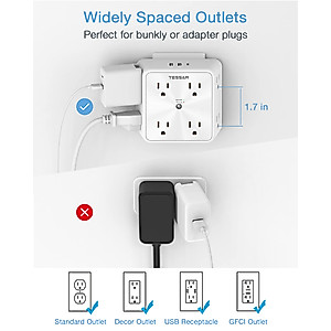 Surge Protector 8 Outlet Extender, TESSAN Multi Outlet Splitter with 3 USB Wall Charger (1 USB C Port), 3-Sided Multiple Plug Power Strip 1700J, USB Charging Station for Home Office Dorm Room