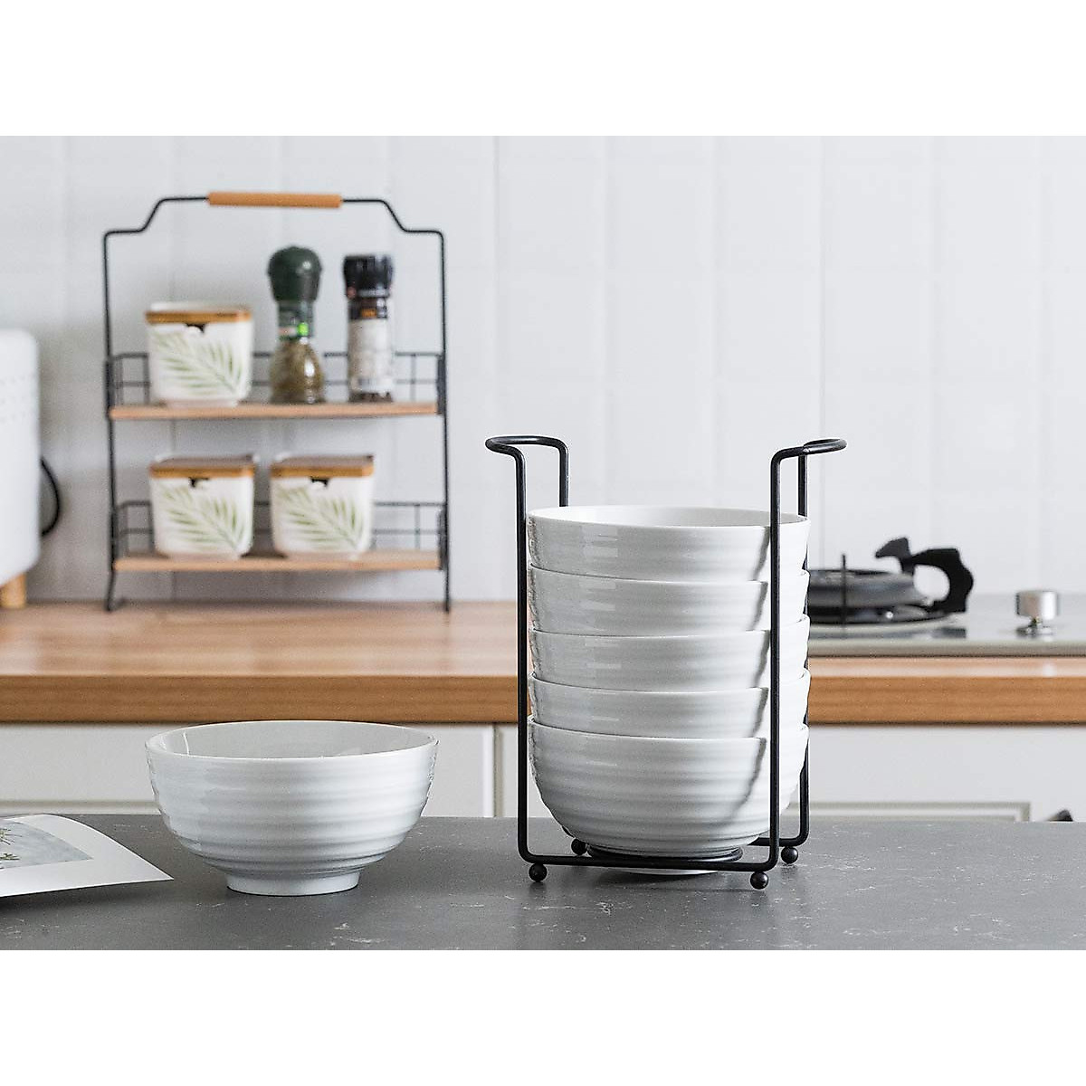 LAUCHUH Stackabel Bowl Set Porcelain Soup Bowls 28 Ounces Cereal Bowl Set with Serving Stand Large Bowl Porcelain Cereal Soup Salad with Bowl Organizer, 6 pack