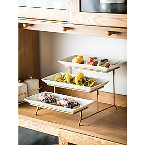 Cormomu 3 Tier Serving Tray, Tiered Serving Stand Display Set for Entertraining Dessert Table Serving Tray with Stand, White Ceramic Banquet Serving Platters for Party, 12 Inches (Gold)