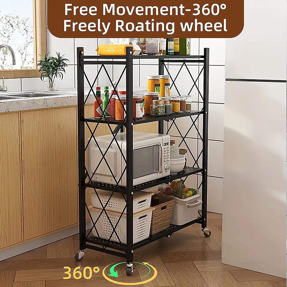 GARPROVM Foldable Storage Shelf Metal Rock Storage Shelving Units Organizer Shelves with Wheels Great for Home Garage Kitchen Bakers, Black (4 Tier)
