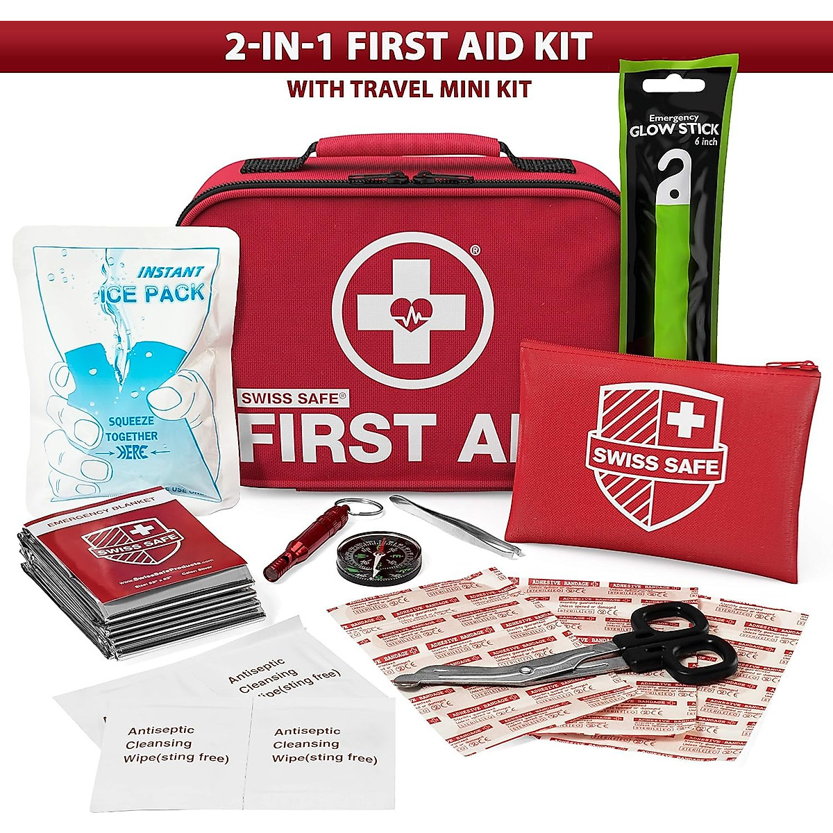 Swiss Safe 2-in-1 First Aid Kit for Car, Travel & Home, Businesses - Bonus Mini Kit for Medical Emergency Aid, Survival, Camping - FSA & HSA Eligible 120+32-Pcs, 1Pk -Red-Small+Travel