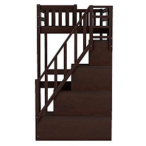 KLMM Twin Size Solid Wood Loft Bed with Staircase and Built-in Desk/Safety Guard Rail/Storage Drawers, No Box Spring Needed (Espresso + Pine@!)