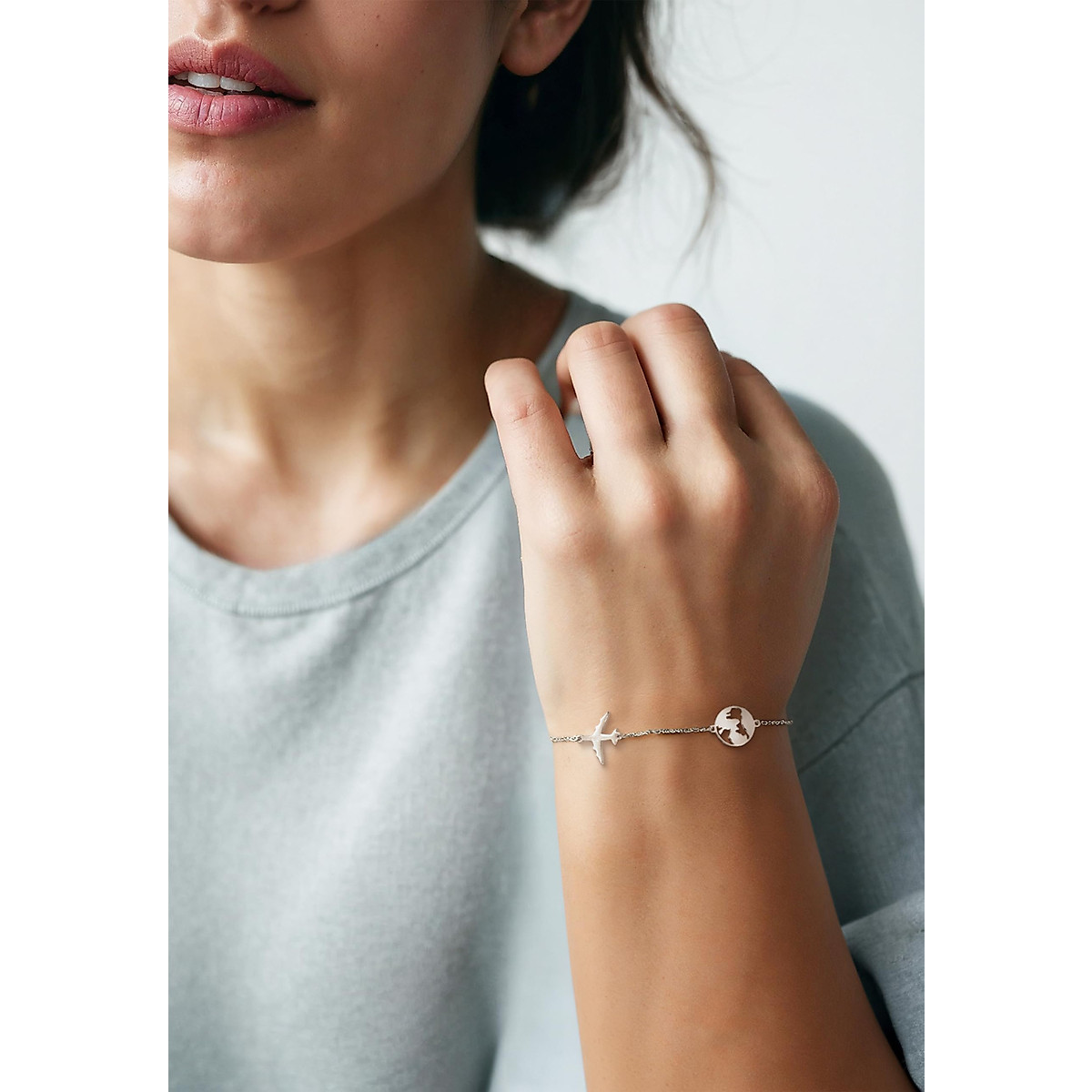 Sofia Milani - Solid 925 Sterling Silver Bracelet for Women - World Map Airplane Pendant - B0291