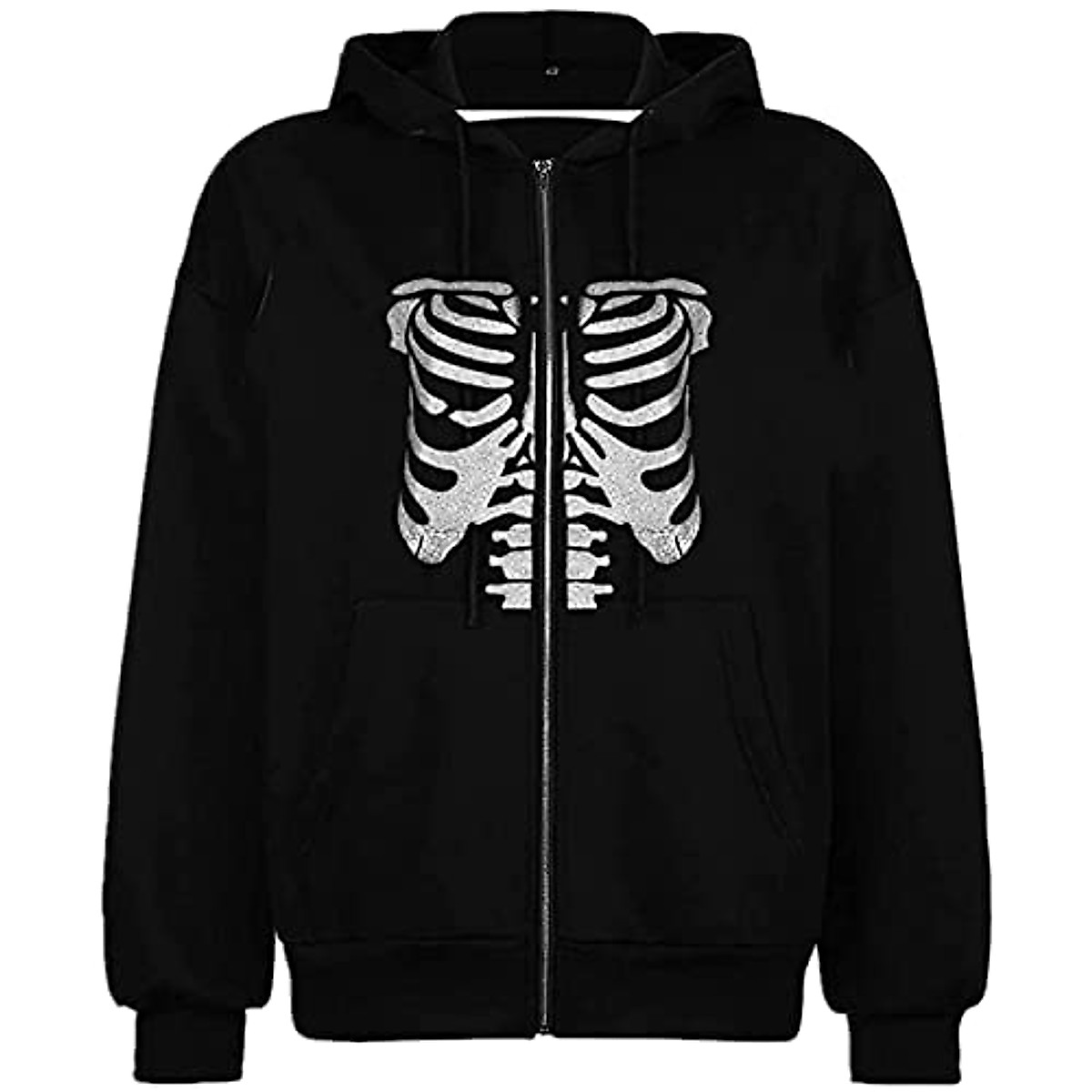 Lausiuoe Women Zip Up Hoodie Casual Long Sleeve Y2K Goth Skeleton Printed Graphic Hoodies Sweatshirts Oversized Jacket