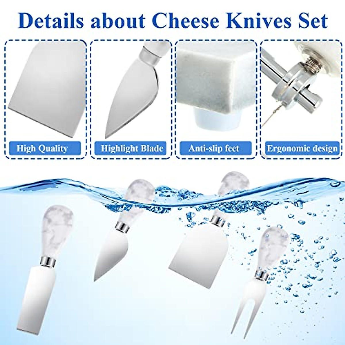 Marble Cheese Slicer 5 x 8 Inch Cheese Cutter and 4 Pcs Cheese Knife with Handle Cheese Heavy Cutter Set for Kitchen Charcuterie Cutting Cheeses, Butter, Meats, Other Appetizers, White