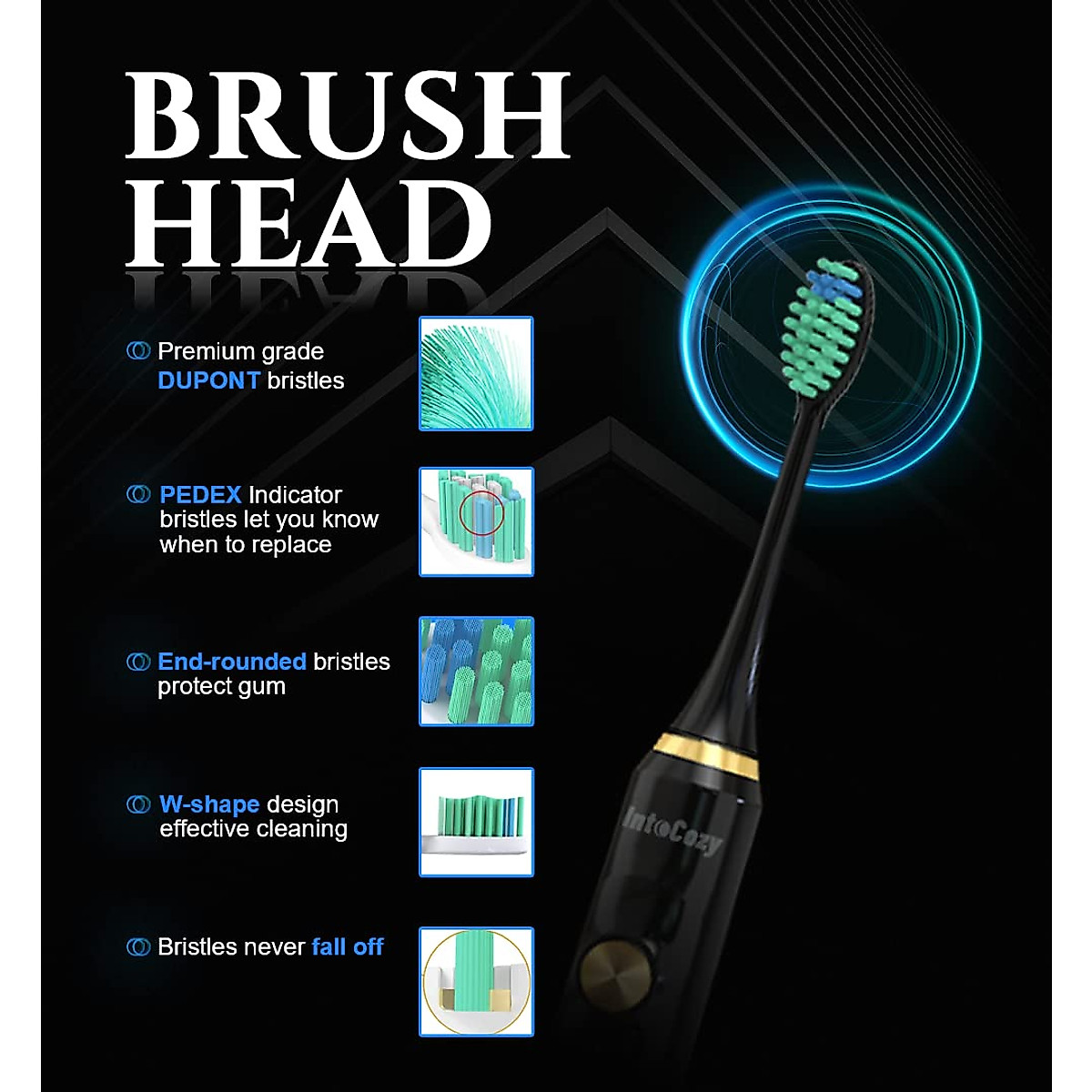 IntoCozy DY-108pro Replacement Toothbrush Heads Plaque Control Toothbrush Heads for Click-on Sonic Toothbrush, Reminder Bristles, Full Size, 4 Count