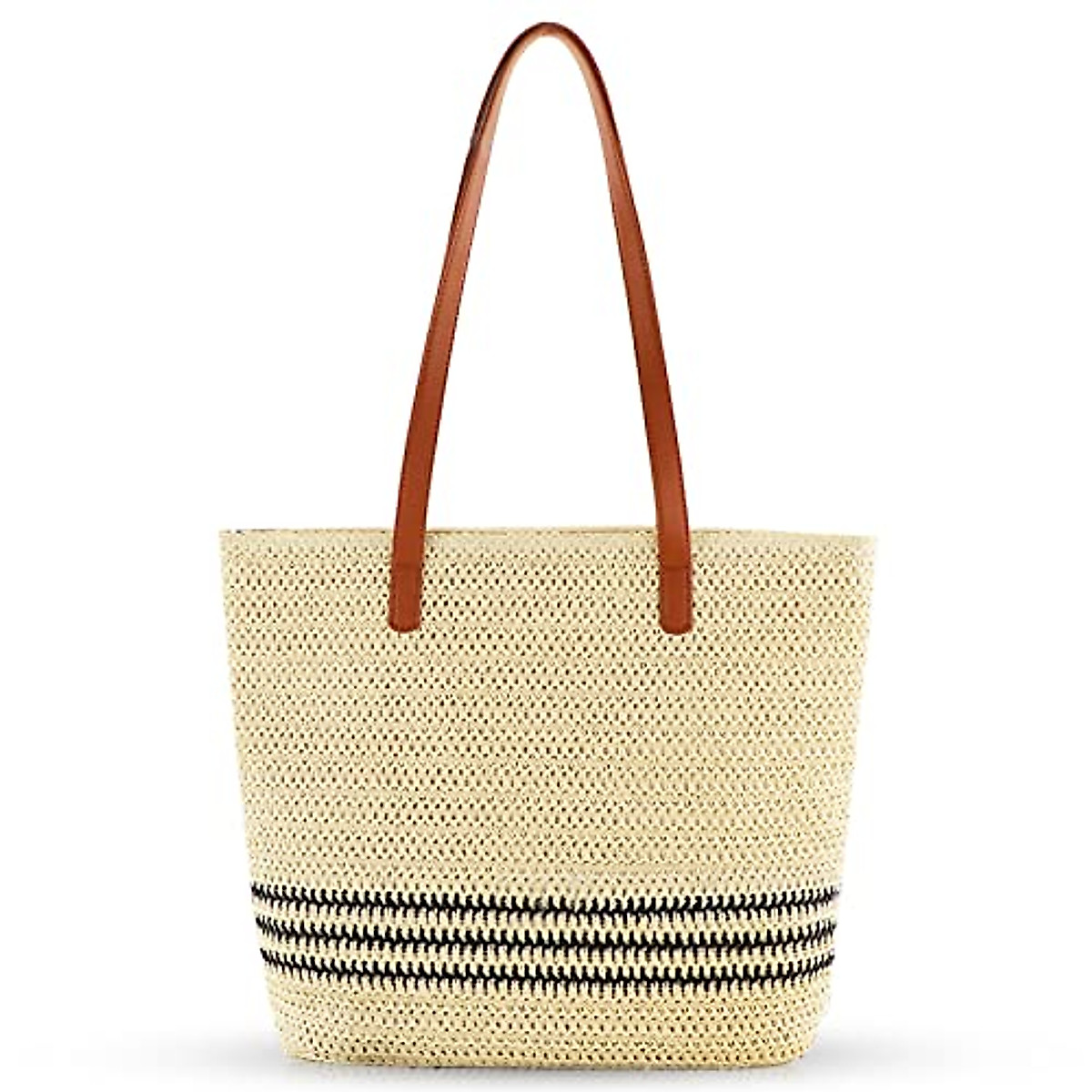 QTKJ Beach Bag for Women, Summer Straw Bag, Hand-woven Tote Bag, Striped Leather Shoulder Strap Rattan Handbag, Large Shoulder Bag Suitable for Vacation Travel Daily (Khaki)