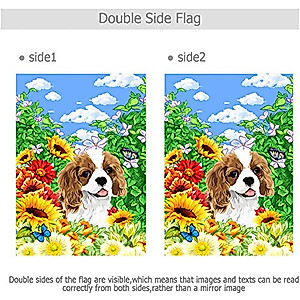 Cavalier King Charles Spaniel Garden Flag Cute Dog with Beautiful Sunflower Yard Flag Spring Summer Floral Print Decorative Small Garden Flags Double Sided 12 x 18 Inch Outdoor Banner