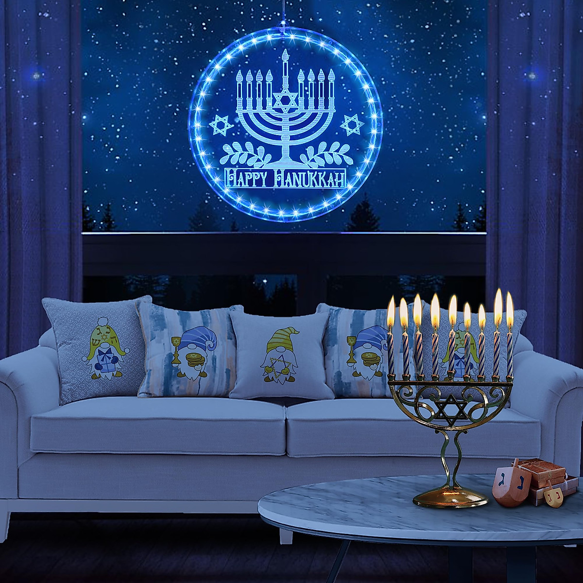 Hanukkah Decorations Window Lights, 8.3" Blue Hanukkah Menorah Star of David Chanukah Lights, Battery Operated Hanukkah Lights Window Decorations for Home Hanukkah Gift Holiday Decor