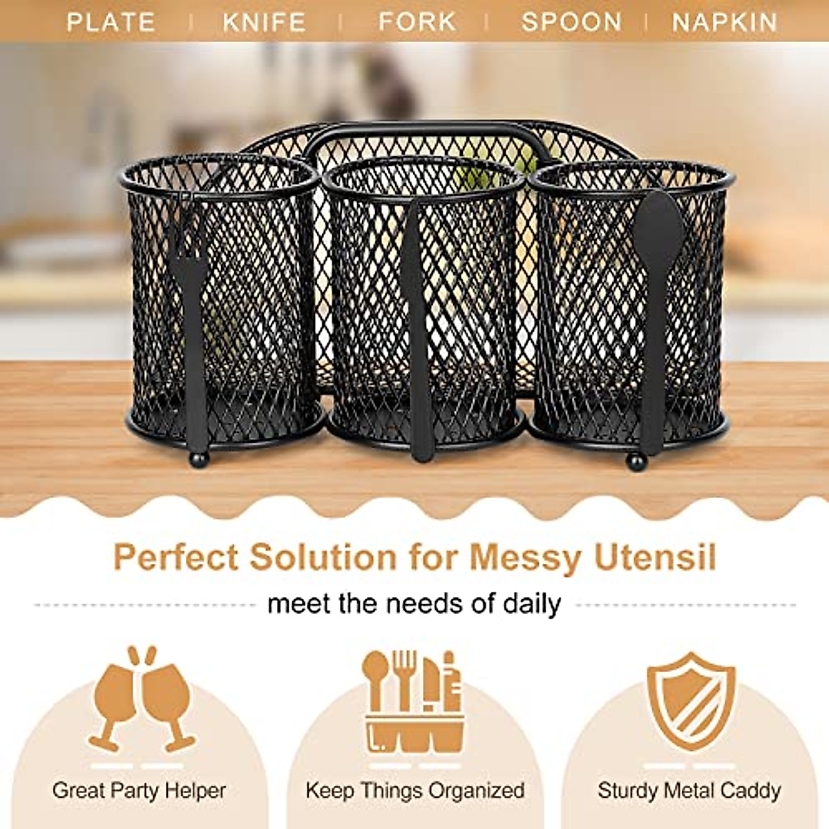 DTICON Metal Utensil Caddy Silverware Organizer, Utensil Holder Cutlery Caddy, Flatware Spoon Fork Storage for Outdoor Party Camping Picnic Buffet RV BBQ Farmhouse Kitchen Countertop (Black)