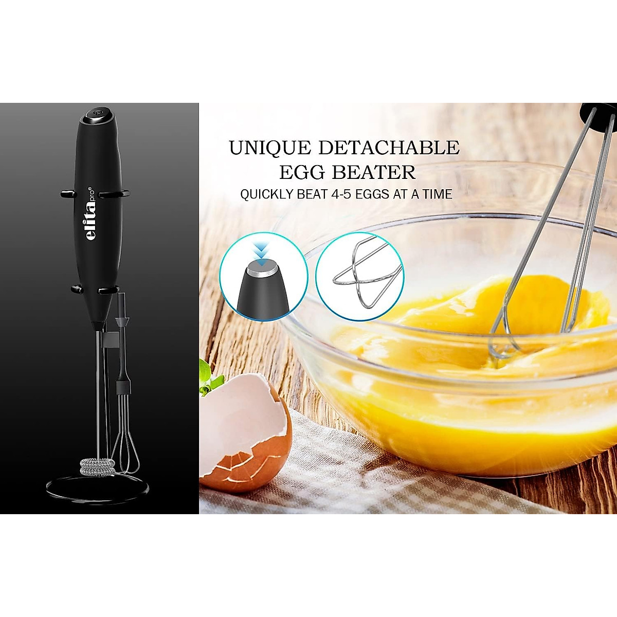 ElitaPro ULTRA-HIGH-SPEED 19,000 RPM, Milk Frother DOUBLE WHISK, Unique Detachable EGG BEATER and STAND For quick preparation (Black)