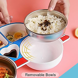 Divided Plate and Bowl Set,BPA Free Meal Snack Plate,Dinnerware Eating Supplies Kitchen Utensils,6 Pieces with Spoon Fork and Lid,Car-shaped by lrrjhtac, Blue