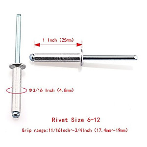 HJ Garden 120pcs 3/16 x 1 Inch (4.8x25mm) Aluminum Blind Rivet Self-Plugging Open End Decorating Fastener Nails Pop Rivets Core Pulling Rivets Grip Pange 11/16-3/4 Inch (17.4-19mm)