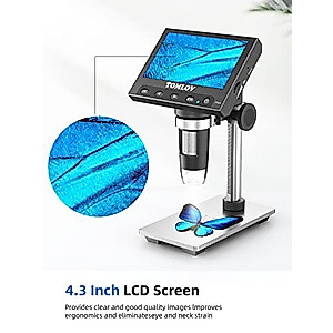 TOMLOV DM4 Coin Microscope 1000X with 4.3" Screen, 720P LCD Microscope with Metal Stand, 8 Adjustable LED Lights, PC View for Kids Adults, Windows Compatible, 32GB TF Card Included