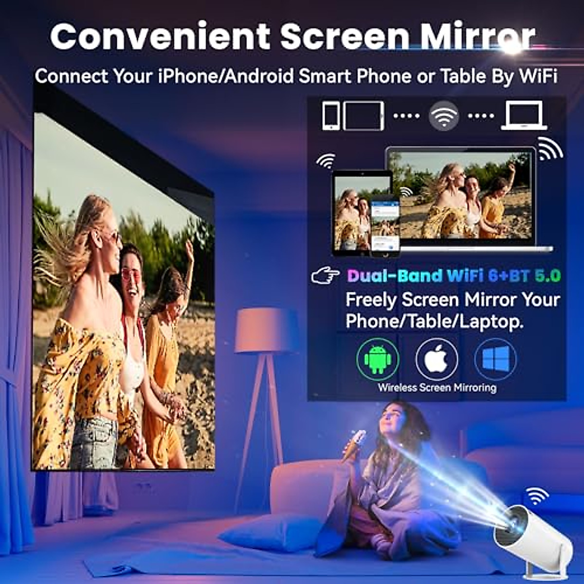 C Cosycost Mini Projector,Auto Keystone Correction Portable Projector 200 ANSI 4K Smart Projector with WiFi 6 BT 5.0 Screen Adjustment,180 Degree Flip,Built-in Android OS 11.0 Home Theater Projector