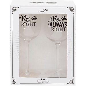 Maturi Set of Two Mrs Right Mrs Always Right Wine Glasses, 420ml / 14.2 fl oz