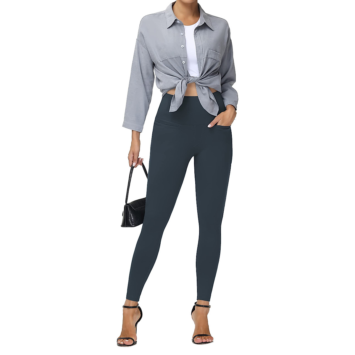 THE GYM PEOPLE Women's Casual Yoga Leggings High Waisted Tummy Control Workout Pants with 4 Pockets Charcoal Grey