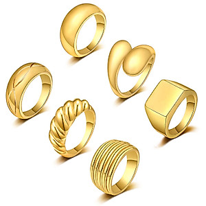 KOHOTA 6PCS Thick Dome Chunky Rings for Women 18K Gold Plated Braided Twisted Signet Ring Big Croissant Ring Minimalist Statement Ring Size 5-10