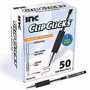 Inc. ClipClicks Retractable Ballpoint Pens - Bulk 1.0-mm Medium-Point Pen Set With Comfort Grip for School, Office, Writing, and Journaling, 50 Count, Black
