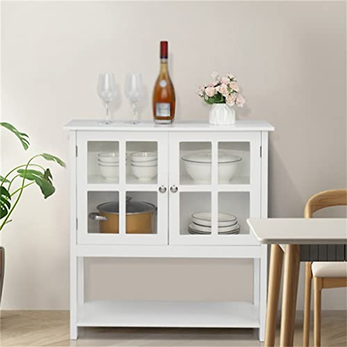 SEASD MDF CNC Painted Sideboard FCH 80 * 28 * 83.8cm Transparent Double Door Double Internal Compartment with Bottom Storage Shelf