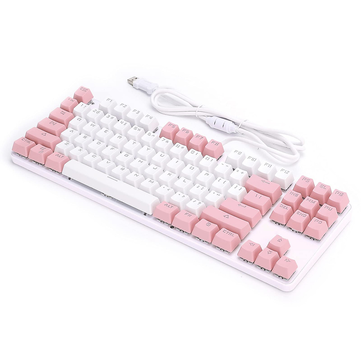 ASHATA Mechanical Keyboard 87 Keys, Cute USB Gaming Keyboard, Small Backlight Keyboard, Blue Switch Mixed Light Mechanical Keyboard for PC Laptop Desktop (Pink White)