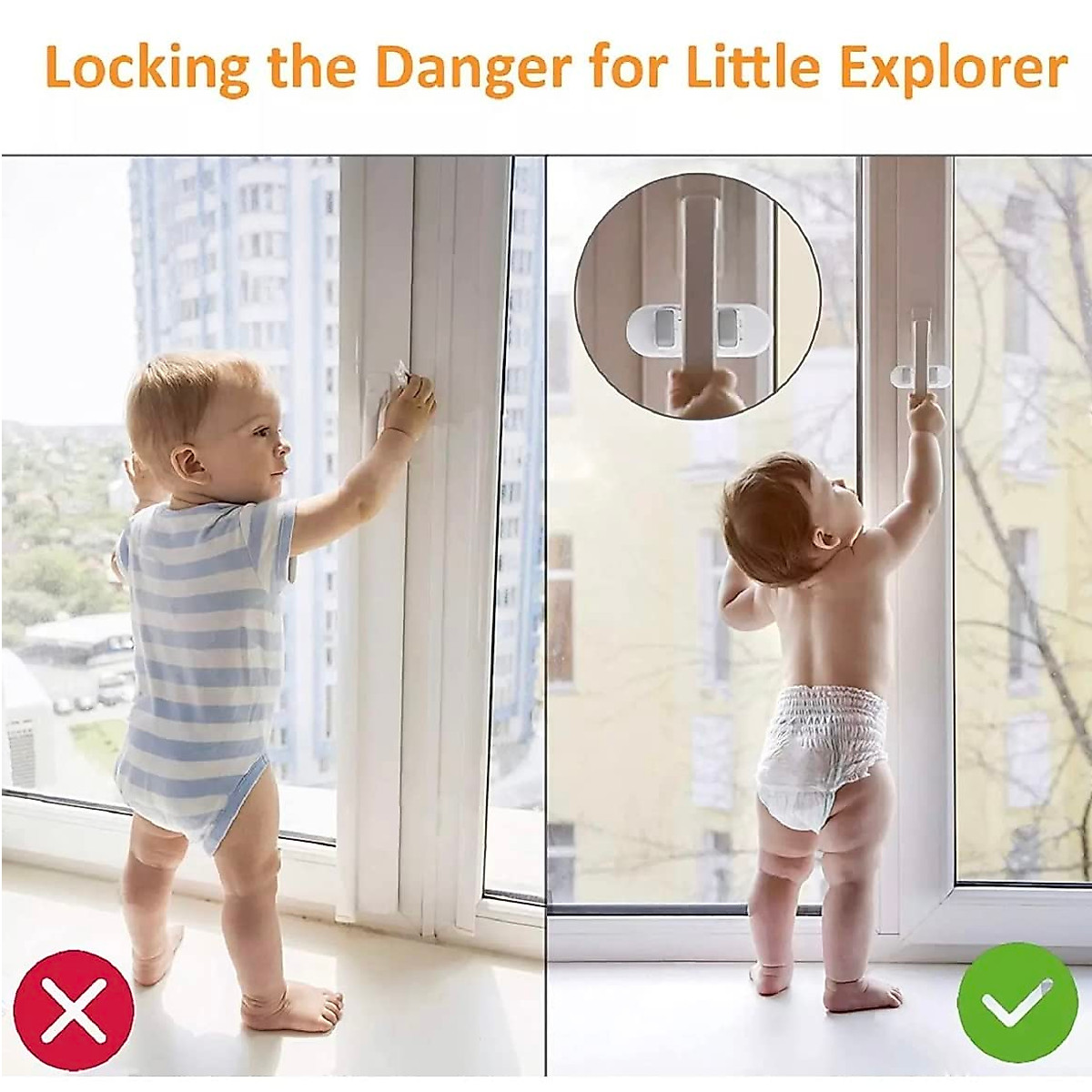 4 Pack, New and Improved Childproof Safety Door Lock, Prevents Toddlers from Opening Doors, BPA Free, 3M Adhesive, Easy to Install, No Drilling Needed.
