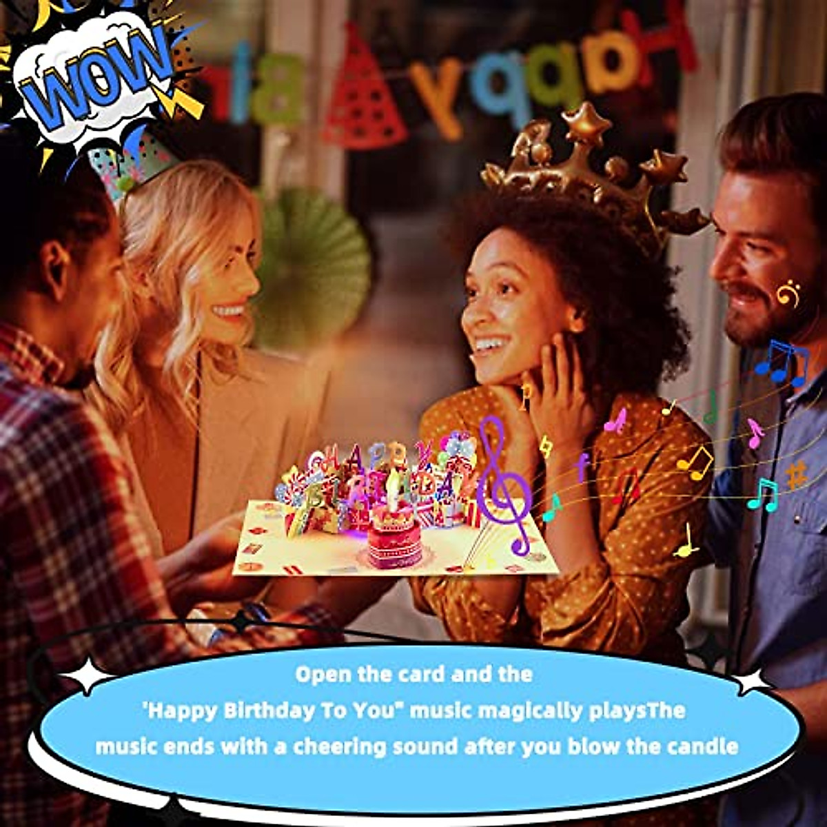 Gumry BLOWABLE & LIGHTS & MUSIC Pop-up Musical Birthday Card, Happy Birthday Card with Classic Bday Music, Cheers Sound,Color-Changing Lights,Colourful Greeting Cards for Kids Wife Husband Women & Men