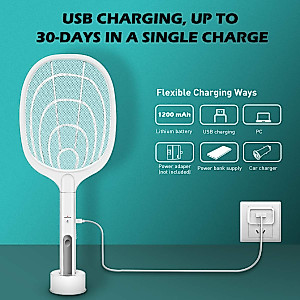 Bug Zapper, 3000 Volt Indoor & Outdoor Electric Fly Swatter,USB Rechargeable Mosquito Killer Racket for Home Bedroom, Kitchen,Office, Backyard, Patio,Safe to Touch with 3-Layer Safety Mesh-2 Pack