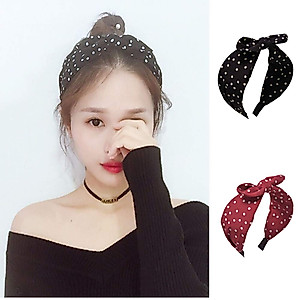 2Pcs Polka Dot Print Bowknot Headband Wide Band Cloth Hairbands Hair Hoop Headwrap Hair Accessories for Women Girls, DuoGo-140