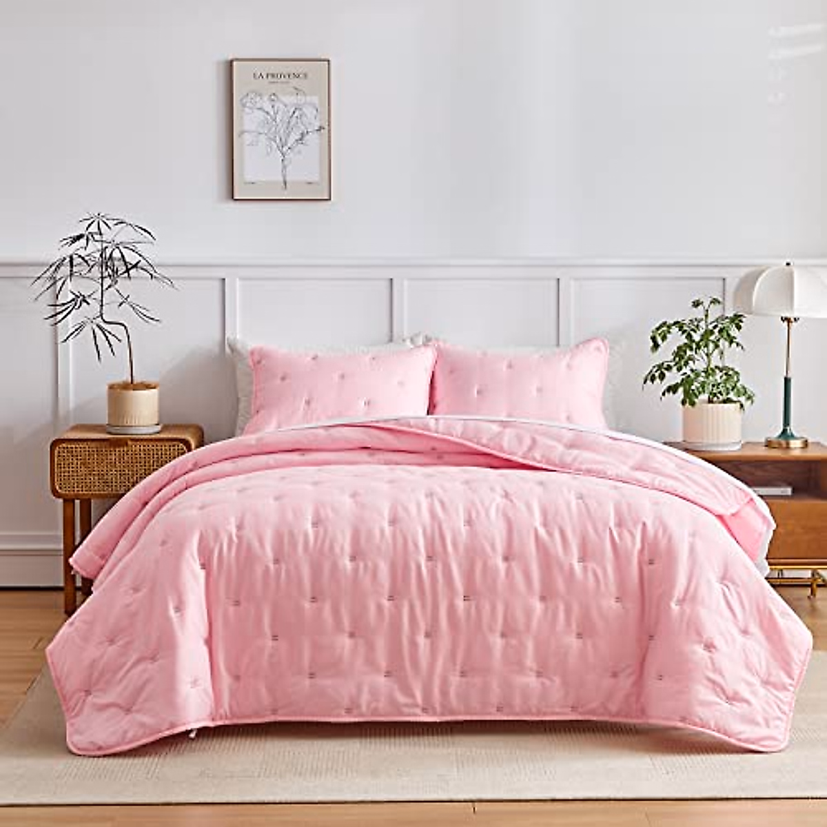 Joyreap 3 Pieces Quilt Set Queen Size Pink, Microfiber Lightweight Quilt Bedding Set, Bedspread Coverlet Bed Cover for All Season, 1 Quilt and 2 Pillow Shams- 90x90 inches