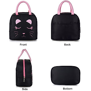 FEWOFJ Portable Insulated Lunch Bag for Kids Girls Cute Reusable Lunch Box for School Picnic Leakproof Lunch Tote Handbag(Black)