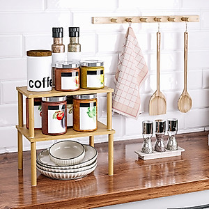 VERTORGAN Cabinet Organizer Shelf, Set of 2 Kitchen Counter Shelves, Bamboo Spice Rack, Stackable, Expandable, Spice Rack for Countertop and Cabinet, Kitchen Organizer and Storage Shelf(Medium)