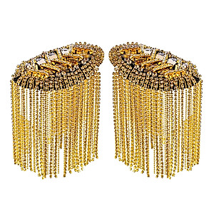 IUASZZ 2 Pieces Tassel Epaulets Metal Fashion Shoulder Jewelry Rhinestones Cloth Accessories Brooches for Women, 2.2×4in (Gold)