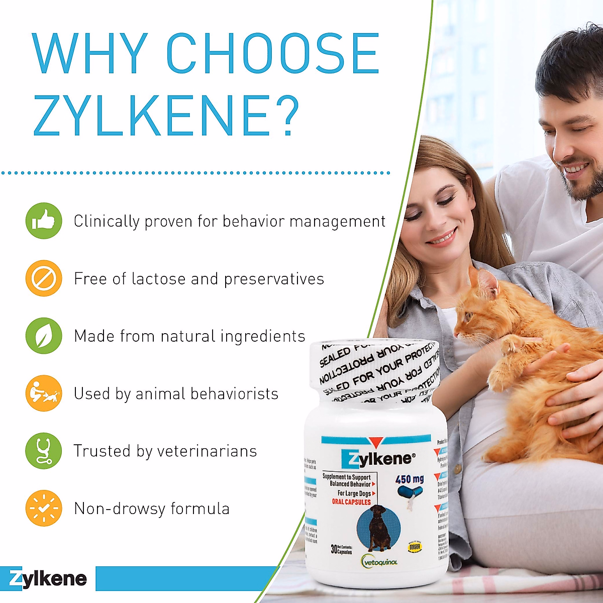 Vetoquinol Zylkene Behavior Support Capsules for Large Dogs 33-132lbs, Calming All Natural Milk Protein Supplement, Helps Relieve Dog Anxiety During Fireworks and Thunder, 450mg