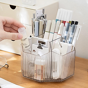INSTOME Clear Pen Holder,360°Rotating Pen Holder for Desk Organizer,5 Compartments and Makeup Brush Holders,Multifunctional Office Supplies for Home,Teachers and School (clear)