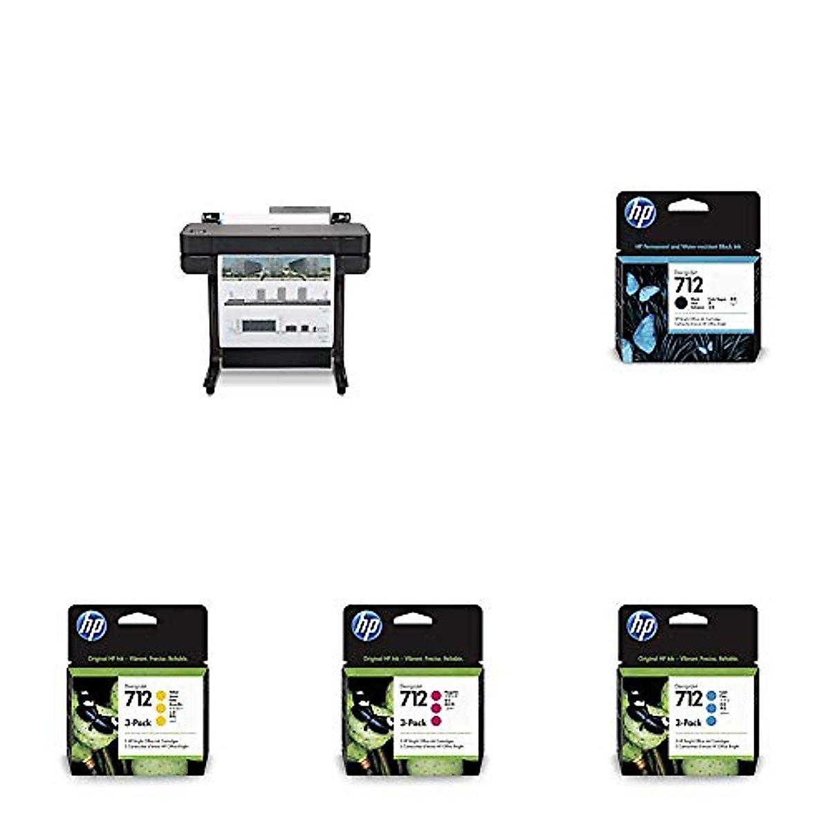 HP DesignJet T630 Large Format Wireless Plotter Printer - 24" (5HB09A), with Multipack and High-Capacity Genuine Ink Cartridges (10 Inks) - Bundle