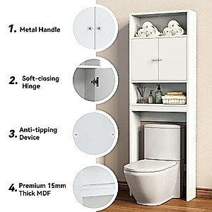 Hayiodda Over The Toilet Storage Cabinet, Double Door Bathroom Organizer Toilet Cabinet with Open Shelf, 76.77" H, White