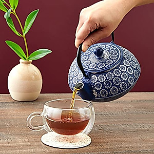 Blue Cast Iron Chinese Teapot with Infuser for Loose Leaf Tea, Includes Handle and Removable Lid (34oz)