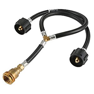 Lemfema Universal Y Type Splitter Propane Tank Converter Adapter Hose with Gauge, Two Way Qcc1/Type1 Inlet & POL/QCC1 Exit Propane Hose to Connect 5-40lb Tank for Grill, Heater, Fire Pit, Fireplaces