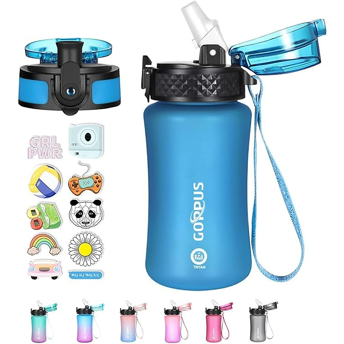 GOPPUS Kids Water Bottle with Straw Spout Lid 10pcs Stickers 12 oz Leak-proof BPA Free Motivational Time Marker Tritan Plastic Water Bottles for Girls Boys School Sports