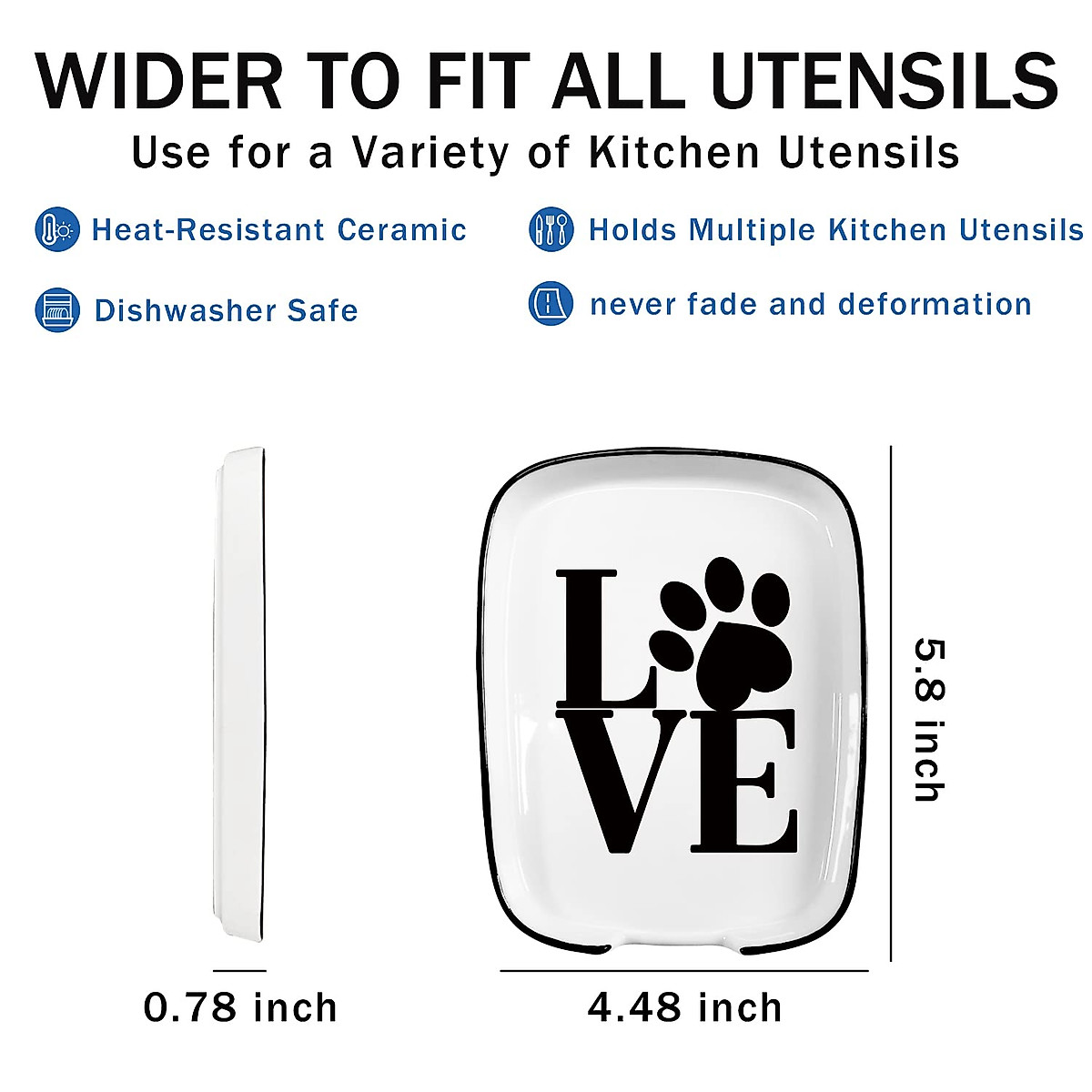 Ceramic Patterned Fork Spoon Rest with Message Love, Functional Kitchenware Spoon Rest Suitable for Kitchen Countertop Stove Top Kitchen Accessory and Gift for Cooking Enthusiasts