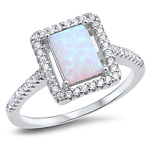 Clear CZ Halo White Simulated Opal Rectangle Ring .925 Sterling Silver Band Size 10
