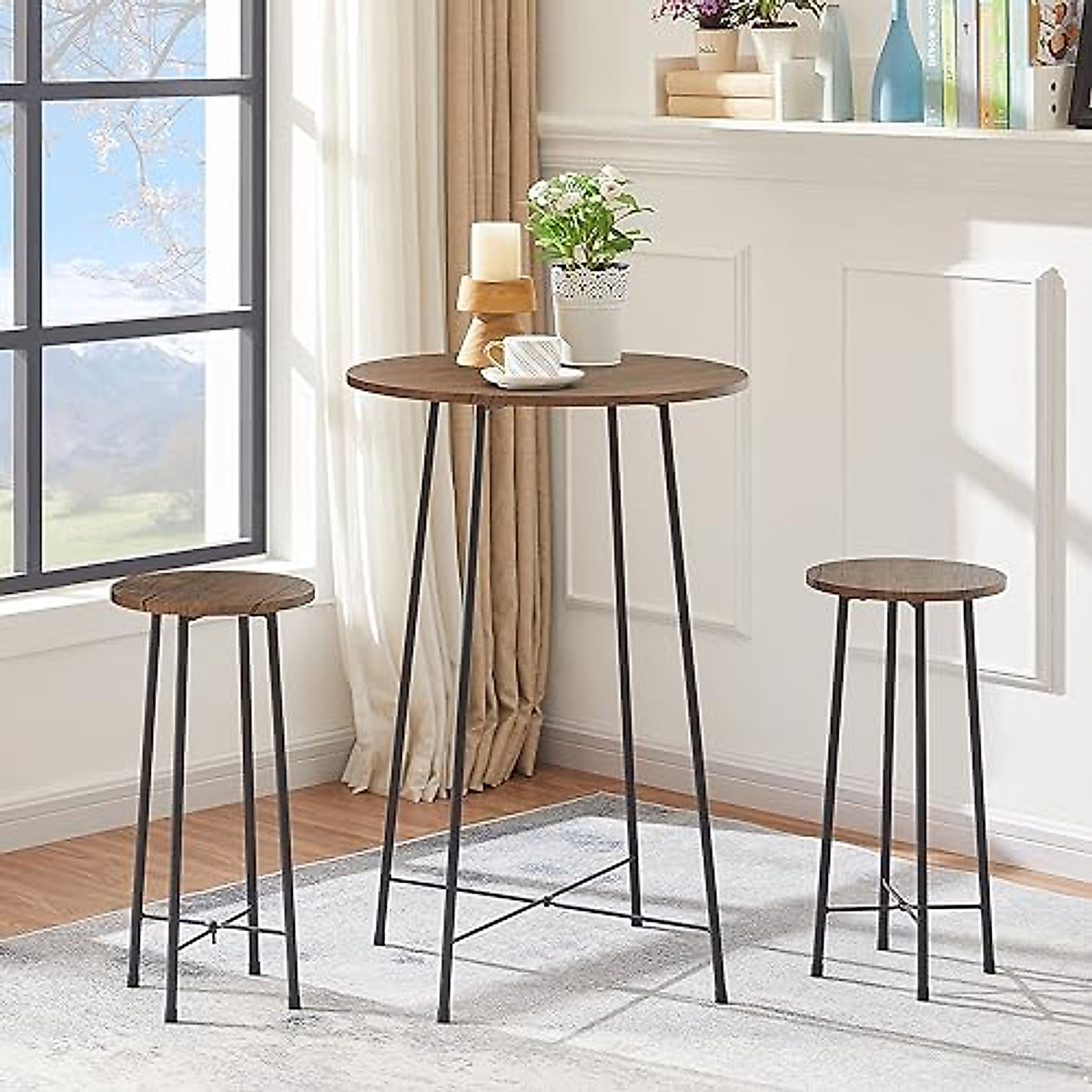VECELO Small Bar Table and Chairs, Round Bistro Sets with 2 barstools, 3-Piece Pub Dining Furniture, Counter Height Wood Top for Breakfast Dinner Coffee Nap Conference, Easy Assembly