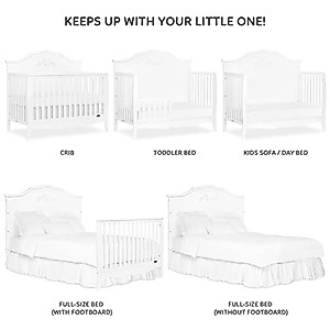 SweetPea Baby Jasmine 4-in-1 Convertible Crib in White, 3 Mattress Height Settings, Greenguard Gold Certified, Metal Mattress Support, Solid New Zealand Pinewood