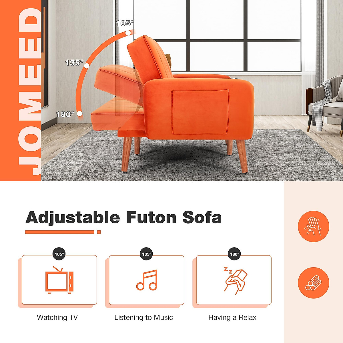 JOMEED 65" Velvet Loveseat Sofa,Modern Couch for Living Room,Futon Sofa Bed with Adjustable Backrest for Small Spaces,Dorm,Apartment